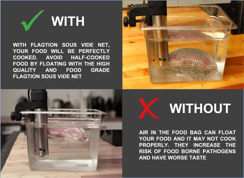 FLAGTION Sous Vide, Set of - 1.5 Pounds Food Grade Stainless Steel Sous Vide Mesh Net & 5 Silicone Coated Magnets for Sous Vide Cooking, Premium Sous Vide Accessory Kit to Avoid Undercooked Food