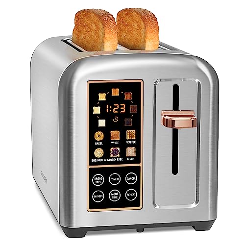 SEEDEEM 2 Slice Toaster, Stainless Steel Bread Toaster with Touch LCD Display, 1.4'' Extra Wide Slots Toaster with 4 Basic+More Timer Functions, Removable Crumb Tray, 1350W, Silver Metallic