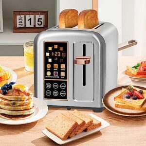 SEEDEEM 2 Slice Toaster, Stainless Steel Bread Toaster with Touch LCD Display, 1.4'' Extra Wide Slots Toaster with 4 Basic+More Timer Functions, Removable Crumb Tray, 1350W, Silver Metallic