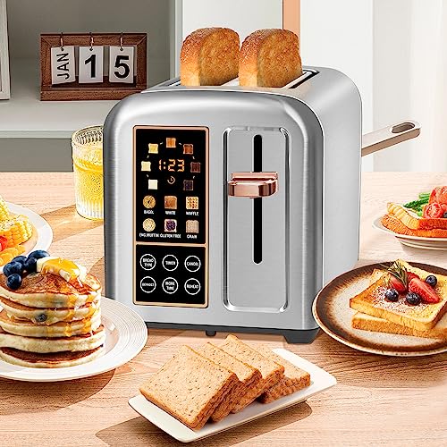 SEEDEEM 2 Slice Toaster, Stainless Steel Bread Toaster with Touch LCD Display, 1.4'' Extra Wide Slots Toaster with 4 Basic+More Timer Functions, Removable Crumb Tray, 1350W, Silver Metallic