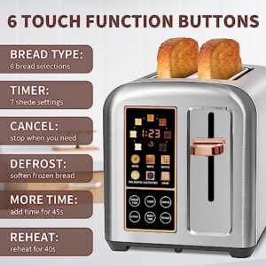 SEEDEEM 2 Slice Toaster, Stainless Steel Bread Toaster with Touch LCD Display, 1.4'' Extra Wide Slots Toaster with 4 Basic+More Timer Functions, Removable Crumb Tray, 1350W, Silver Metallic