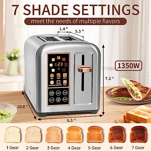 SEEDEEM 2 Slice Toaster, Stainless Steel Bread Toaster with Touch LCD Display, 1.4'' Extra Wide Slots Toaster with 4 Basic+More Timer Functions, Removable Crumb Tray, 1350W, Silver Metallic