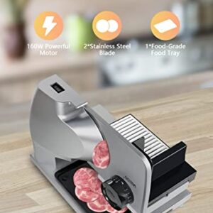 OSTBA Die-Cast Electric Deli Food Slicer with Two Removable Stainless Steel Blades,0-23mm Adjustable Thickness Meat Slicer for Home, Food Slicer Machine with Food Tray,160W