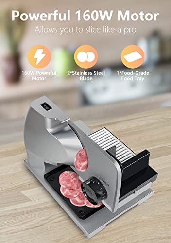 OSTBA Die-Cast Electric Deli Food Slicer with Two Removable Stainless Steel Blades,0-23mm Adjustable Thickness Meat Slicer for Home, Food Slicer Machine with Food Tray,160W