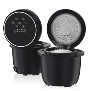 rice cooker small low carb, yokekon 3-cup (uncooked) rice cooker with stainless steel steamer, 8-in-1 rice maker, delay timer and auto keep warm feature, sushi, risitto, steamer, cake, black