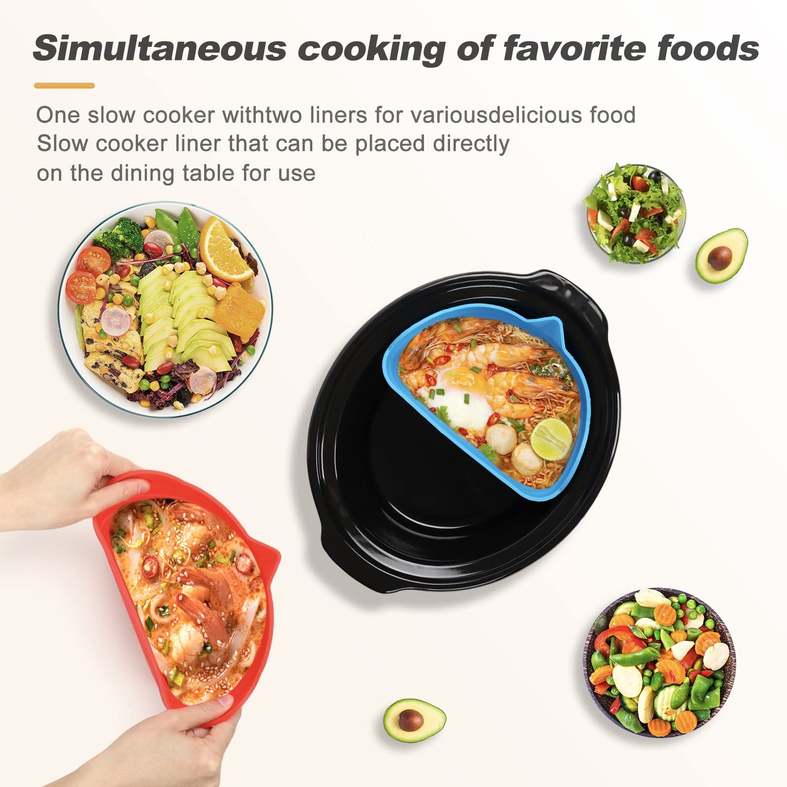 VYAJI Silicone Slow Cooker Divider Insert - Perfect compatible with Crockpot, Hamilton Beach, Elite Gourmet, Bella and any other 6,7,8QT slow cooker - Food-Grade Material, Easy Cleanup, Reusable, Eco-Friendly