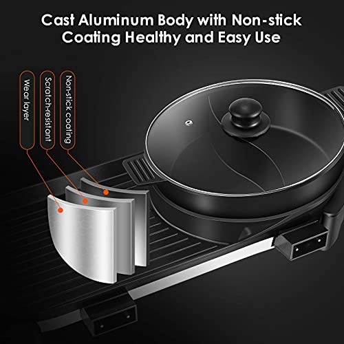 BOEASTER Electric Hot Pot with Grill Indoor Shabu-shabu Hotpot Korean BBQ Grill, Removable Hotpot Pot W/ Large Capacity Baking Tray, Smokeless Non-Stick Skillet Pan, Adjustable Temperature, 1-6 People 110V