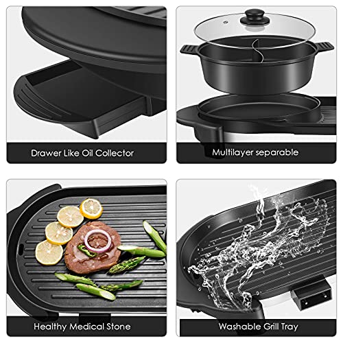 BOEASTER Electric Hot Pot with Grill Indoor Shabu-shabu Hotpot Korean BBQ Grill, Removable Hotpot Pot W/ Large Capacity Baking Tray, Smokeless Non-Stick Skillet Pan, Adjustable Temperature, 1-6 People 110V