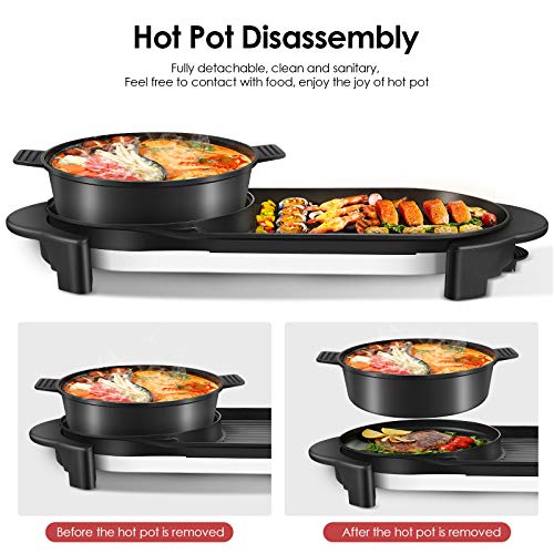 BOEASTER Electric Hot Pot with Grill Indoor Shabu-shabu Hotpot Korean BBQ Grill, Removable Hotpot Pot W/ Large Capacity Baking Tray, Smokeless Non-Stick Skillet Pan, Adjustable Temperature, 1-6 People 110V