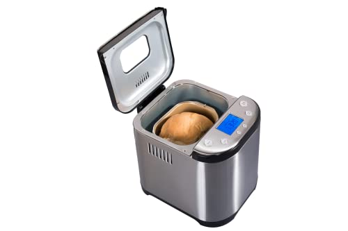 FRIGIDAIRE Bread Maker Machine with Nonstick Bowl, Bread Hook, Measuring Cup & Spoon. 15-in-1, Gluten-Free Bread, Cake& Yogurt, 3 Crust Colour options and more. 3 Loaf Sizes. 2LB XL- Stainless Steel