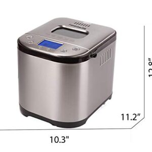 FRIGIDAIRE Bread Maker Machine with Nonstick Bowl, Bread Hook, Measuring Cup & Spoon. 15-in-1, Gluten-Free Bread, Cake& Yogurt, 3 Crust Colour options and more. 3 Loaf Sizes. 2LB XL- Stainless Steel