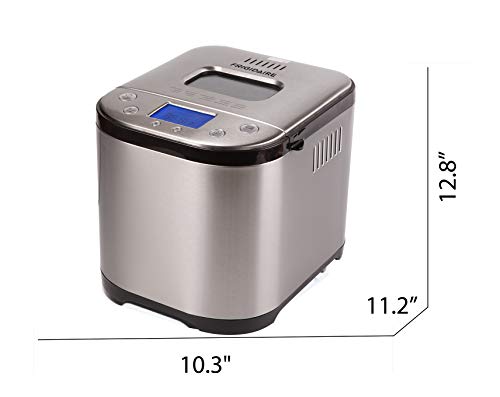 FRIGIDAIRE Bread Maker Machine with Nonstick Bowl, Bread Hook, Measuring Cup & Spoon. 15-in-1, Gluten-Free Bread, Cake& Yogurt, 3 Crust Colour options and more. 3 Loaf Sizes. 2LB XL- Stainless Steel