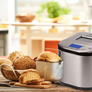 FRIGIDAIRE Bread Maker Machine with Nonstick Bowl, Bread Hook, Measuring Cup & Spoon. 15-in-1, Gluten-Free Bread, Cake& Yogurt, 3 Crust Colour options and more. 3 Loaf Sizes. 2LB XL- Stainless Steel