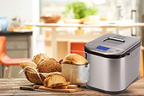 FRIGIDAIRE Bread Maker Machine with Nonstick Bowl, Bread Hook, Measuring Cup & Spoon. 15-in-1, Gluten-Free Bread, Cake& Yogurt, 3 Crust Colour options and more. 3 Loaf Sizes. 2LB XL- Stainless Steel