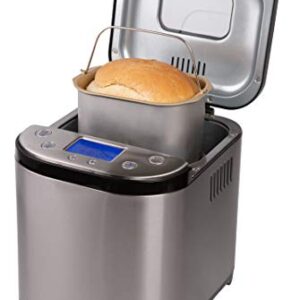 FRIGIDAIRE Bread Maker Machine with Nonstick Bowl, Bread Hook, Measuring Cup & Spoon. 15-in-1, Gluten-Free Bread, Cake& Yogurt, 3 Crust Colour options and more. 3 Loaf Sizes. 2LB XL- Stainless Steel