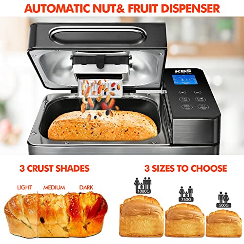 KBS Bread Maker-710W Dual Heaters, 17-in-1 Bread Machine Stainless Steel with Auto Nut Dispenser&Ceramic Pan, Gluten-Free, Dough Maker,Jam,Yogurt PROG, Touch Panel, 3 Loaf Sizes 3 Crust Colors,Recipes