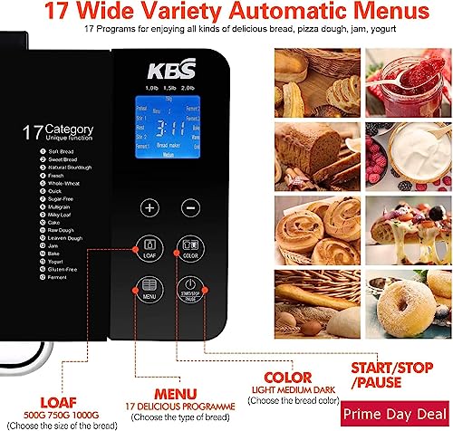 KBS Bread Maker-710W Dual Heaters, 17-in-1 Bread Machine Stainless Steel with Auto Nut Dispenser&Ceramic Pan, Gluten-Free, Dough Maker,Jam,Yogurt PROG, Touch Panel, 3 Loaf Sizes 3 Crust Colors,Recipes