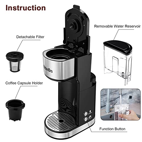 KitchenBro Single Serve Coffee Maker with 14 Oz Reservoir,K Cup Coffee Maker Fits Travel Mug with Self-Cleaning Function,Black