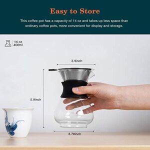 HEIHOX Pour Over Coffee Maker Set 14 oz Pour Over Coffee Dripper with Paperless Reusable Stainless Steel Cone Filter, Glass Coffee Carafe with Protective Silicone Sleeve