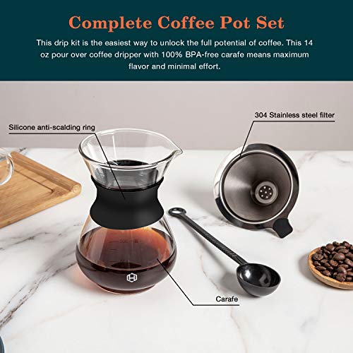 HEIHOX Pour Over Coffee Maker Set 14 oz Pour Over Coffee Dripper with Paperless Reusable Stainless Steel Cone Filter, Glass Coffee Carafe with Protective Silicone Sleeve