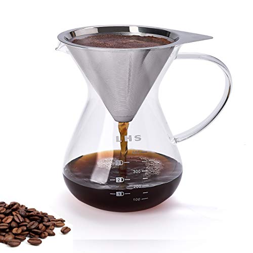 LHS Pour Over Coffee Maker Paperless Reusable Stainless Steel Filter and BPA-Free Glass Carafe -Hand Coffee Dripper Brewer Pot - 13.5 Ounce/ 400 ml …