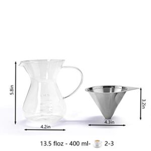 LHS Pour Over Coffee Maker Paperless Reusable Stainless Steel Filter and BPA-Free Glass Carafe -Hand Coffee Dripper Brewer Pot - 13.5 Ounce/ 400 ml …