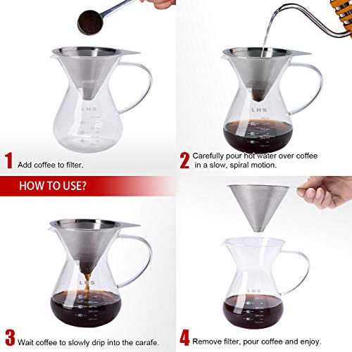 LHS Pour Over Coffee Maker Paperless Reusable Stainless Steel Filter and BPA-Free Glass Carafe -Hand Coffee Dripper Brewer Pot - 13.5 Ounce/ 400 ml …