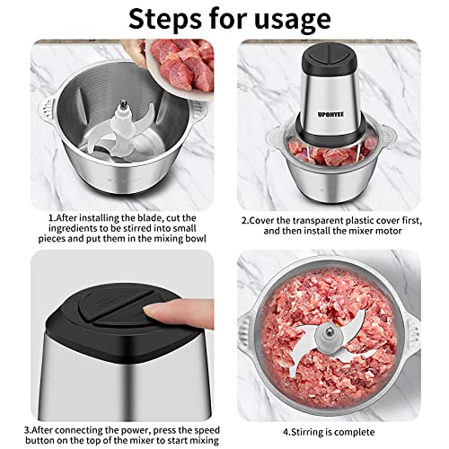 Meat Grinder Electric 2L Capacity 8 Cups Food Processor with Stainless Steel Bowl and 4 Large Sharp Blades Food Chopper Electric 2 Rotating Speed Levels with Spatula for Meat Vegetables Fruits Nuts