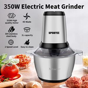 Meat Grinder Electric 2L Capacity 8 Cups Food Processor with Stainless Steel Bowl and 4 Large Sharp Blades Food Chopper Electric 2 Rotating Speed Levels with Spatula for Meat Vegetables Fruits Nuts