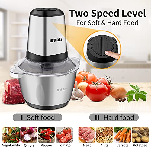 Meat Grinder Electric 2L Capacity 8 Cups Food Processor with Stainless Steel Bowl and 4 Large Sharp Blades Food Chopper Electric 2 Rotating Speed Levels with Spatula for Meat Vegetables Fruits Nuts