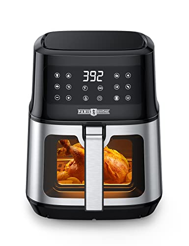 Air Fryer, PARIS RHÔNE 5.3 QT with Viewing Window & Ceramic Coated Non-Stick Basket, Large Air Fryer Oven with 8-in-1 Functions One Touch Control, NO Pre-heating, with Detachable Tray Easy to Clean