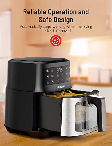 Air Fryer, PARIS RHÔNE 5.3 QT with Viewing Window & Ceramic Coated Non-Stick Basket, Large Air Fryer Oven with 8-in-1 Functions One Touch Control, NO Pre-heating, with Detachable Tray Easy to Clean