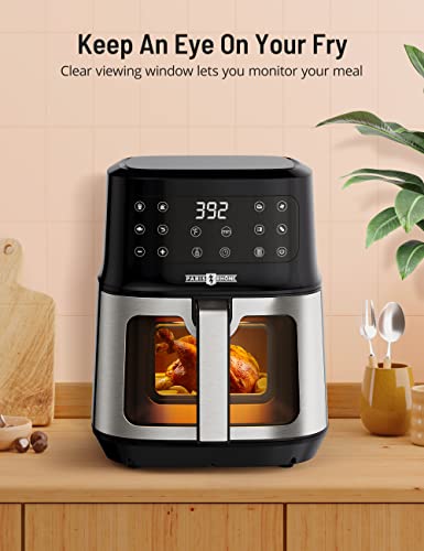 Air Fryer, PARIS RHÔNE 5.3 QT with Viewing Window & Ceramic Coated Non-Stick Basket, Large Air Fryer Oven with 8-in-1 Functions One Touch Control, NO Pre-heating, with Detachable Tray Easy to Clean