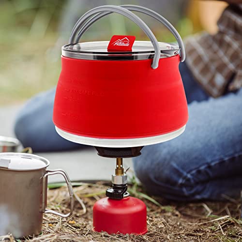 Higher Altitude Collapsible Travel Kettle Pot with Lid - 1L Red Portable Water Boiler Tea Maker for Camping Gas Stove