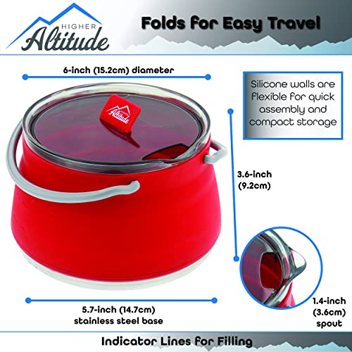 Higher Altitude Collapsible Travel Kettle Pot with Lid - 1L Red Portable Water Boiler Tea Maker for Camping Gas Stove