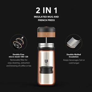 Encoola Portable French Press Travel Coffee Maker 14oz/400g Mini French Press Mug Insulated Filter Coffee Cup Double-Layer Insulated Four-Layer Filter Mesh