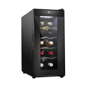 Schmécké 10 Bottle Red And White Wine Thermoelectric Wine Cooler/Chiller Counter Top Wine Cellar with Digital Temperature Display, Freestanding Refrigerator Smoked Glass Door Quiet Operation Fridge