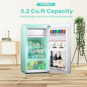 Kismile Retro Mini Fridge with Freezer, 3.2 cu. ft Small fridge with Adjustable Removable Glass Shelves, Mechanical Control, Compact Refrigerator for Office, Dorm, Bedroom (Green)