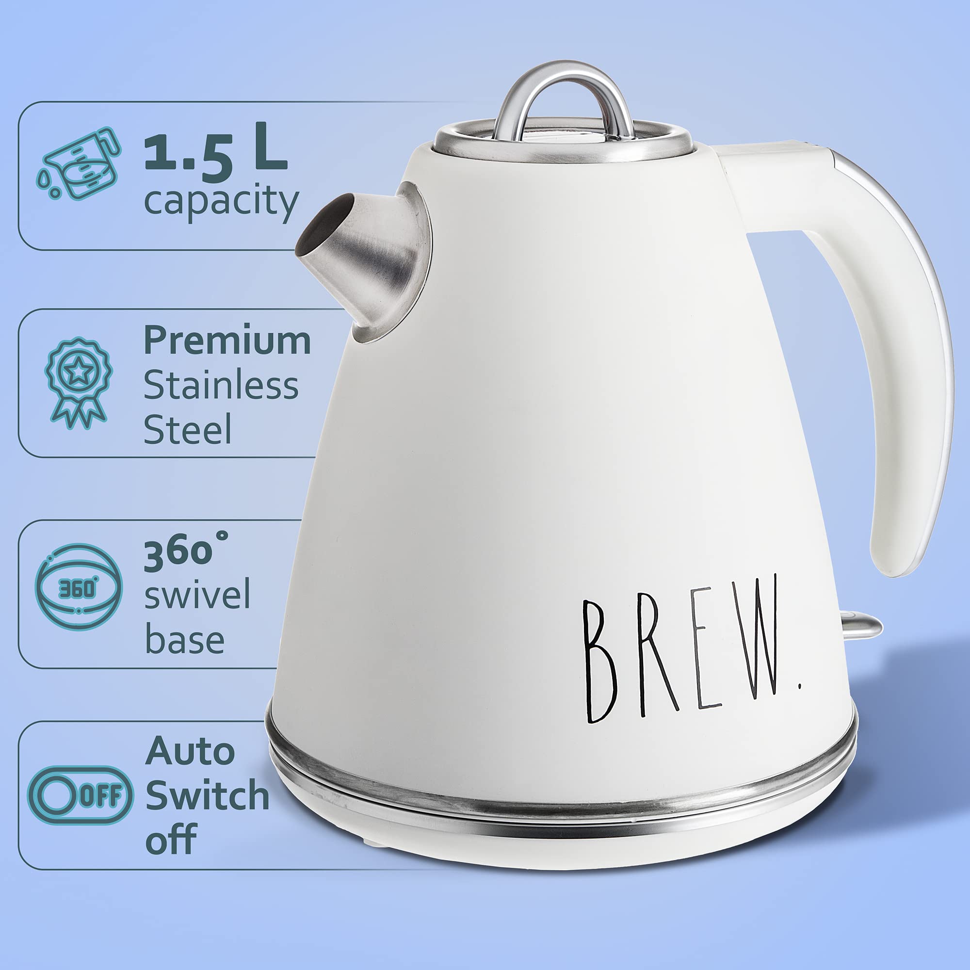 Rae Dunn Electric Water Kettle - Stainless Steel Coffee Maker, 1.5 Liter Tea Kettle, Electric Hot Water Kettle with Automatic Shut Off Boil-Dry Protection, 1500 Watt Boiling Power (Cream)