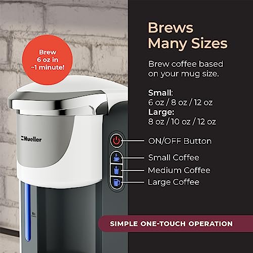 Mueller Single Serve Pod Compatible Coffee Maker Machine With 4 Brew Sizes, Rapid Brew Technology with Large Removable 48 oz Water Tank