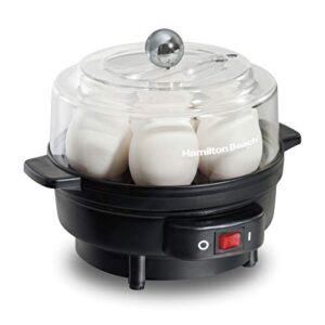 hamilton beach electric hard boiled egg cooker, 3-in-1: boiled egg cooker, poacher & omelet maker, can hold 7 eggs, black with silver knob (25500)