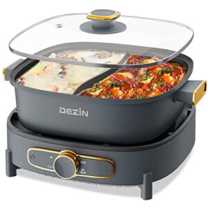 dezin hot pot electric with divider, 5l double-flavor electric shabu shabu pot, removable non-stick dual sided electric cooker, 3" depth divided pot with multi-power control, 2 silicone ladles included