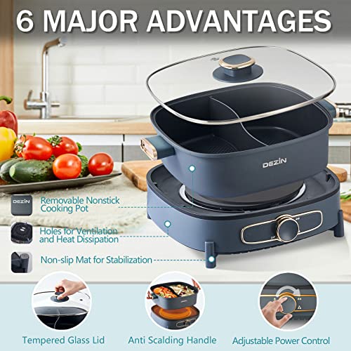 Dezin Hot Pot Electric with Divider, 5L Double-Flavor Electric Shabu Shabu Pot, Removable Non-Stick Dual Sided Electric Cooker, 3" Depth Divided Pot with Multi-Power Control, 2 Silicone Ladles Included