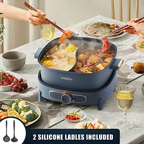 Dezin Hot Pot Electric with Divider, 5L Double-Flavor Electric Shabu Shabu Pot, Removable Non-Stick Dual Sided Electric Cooker, 3" Depth Divided Pot with Multi-Power Control, 2 Silicone Ladles Included