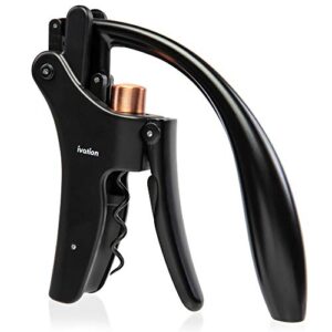 ivation wine bottle opener | manual handheld corkscrew with ergonomic lever pump, standing vertical design, soft bottleneck grip, nonstick screw & easy no-twist cork removal | black & bronze stainless