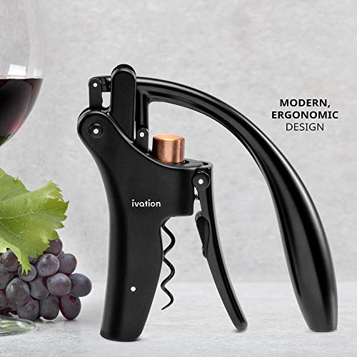 Ivation Wine Bottle Opener | Manual Handheld Corkscrew with Ergonomic Lever Pump, Standing Vertical Design, Soft Bottleneck Grip, Nonstick Screw & Easy No-Twist Cork Removal | Black & Bronze Stainless