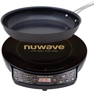 nuwave gold precision induction cooktop, portable, powerful large 8” heating coil, 12” shatter-proof, heat-resistant ceramic glass surface, 10.5” duralon healthy ceramic non-stick fry pan included