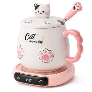 bgbg coffee mug warmer & cute cat mug set, beverage cup warmer for desk home office with three temperature up to 140℉/ 60℃, coffee warmer for cocoa milk tea water candle, 8 hours auto shut off