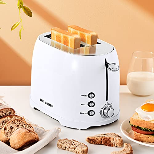 REDMOND Toaster 2 Slice, Stainless Steel Toaster with 1.5”Wide Slots, Retro Toaster 2 slice with Cancel, Bagel, Deforst Functions, 7 Browning Levels, Removable Crumb Tray, White