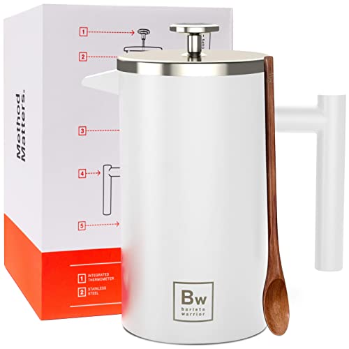 Barista Warrior French Press with Thermometer - Insulated Coffee Press - Stainless Steel French Press Coffee Maker (1.0L | 34 fl oz) (White)